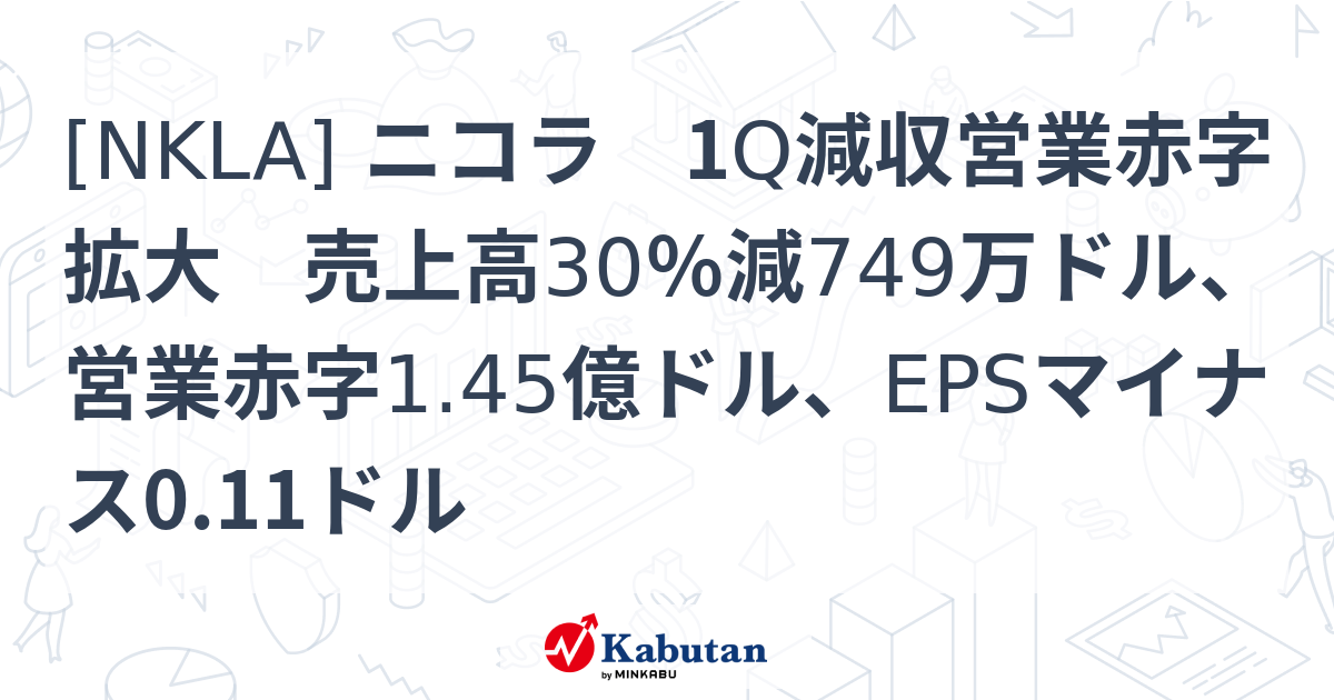 [NKLA] ニコラ 1Q減収営業赤字拡大 売上高30％減749万ドル、営業赤字1.45億ドル、EPSマイナス0.11ドル - 株探(かぶたん ...