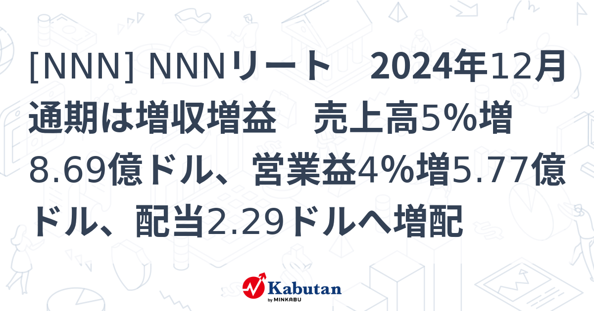 [NNN] NNNリート 2024年12月通期は増収増益 売上高5％増8.69億ドル、営業益4％増5.77億ドル、配当2.29ドルへ増配 ...