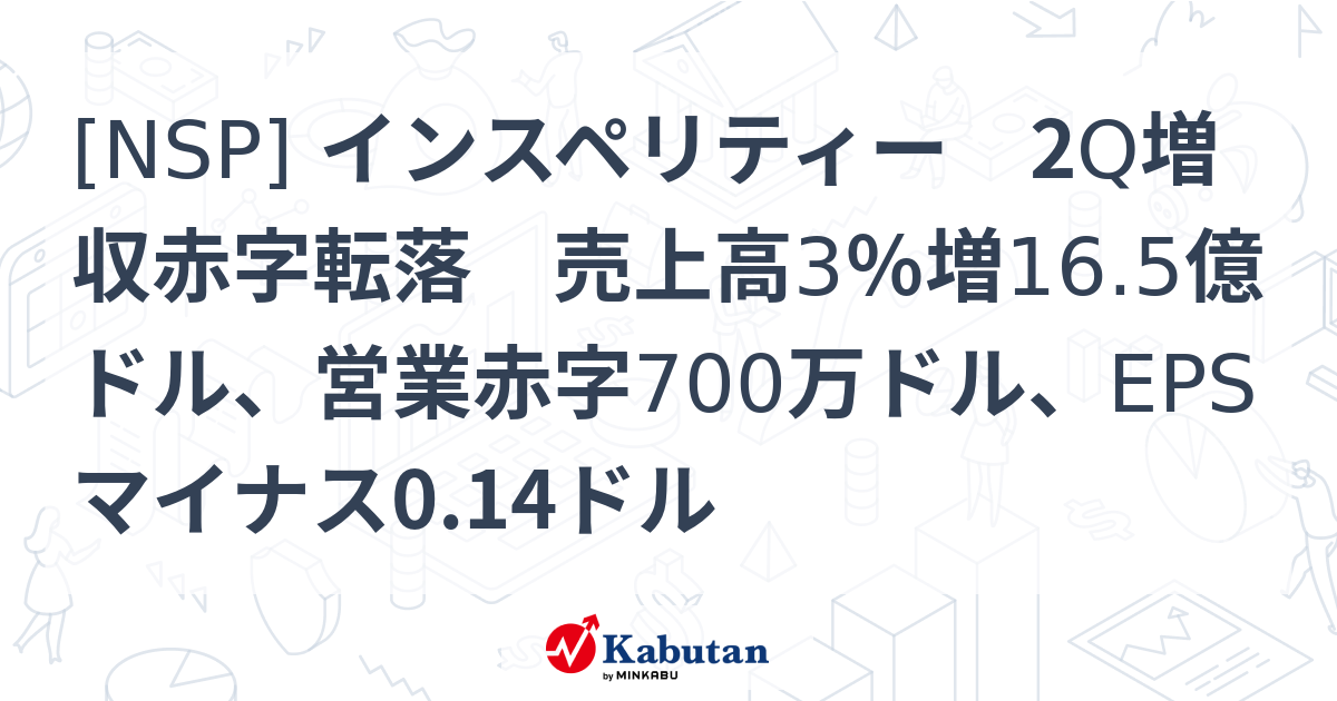 [NSP] インスペリティー 2Q増収赤字転落 売上高3％増16.5億ドル、営業赤字700万ドル、EPSマイナス0.14ドル - 株探(かぶたん)｜米国株