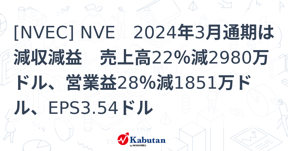 [NVEC] NVE 2024年3月通期は減収減益 売上高22％減2980万ドル、営業益28％減1851万ドル、EPS3.54ドル - 株探 ...