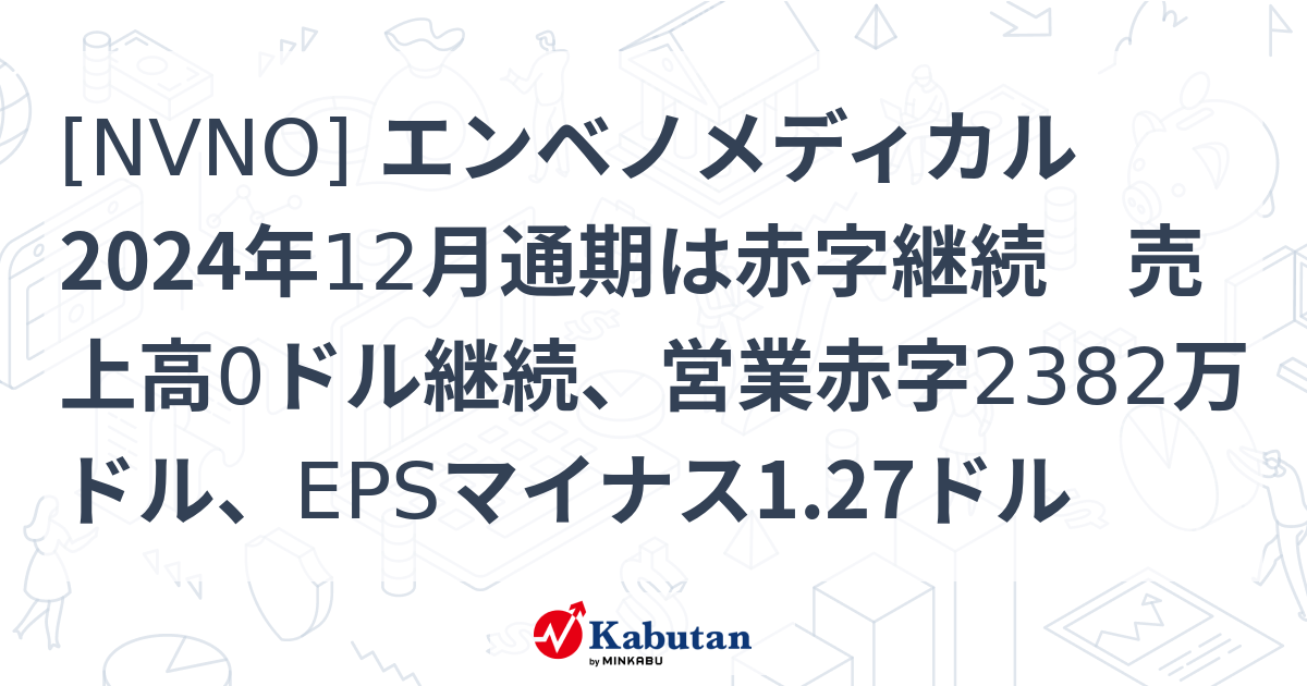 [NVNO] エンベノメディカル 2024年12月通期は赤字継続 売上高0ドル継続、営業赤字2382万ドル、EPSマイナス1.27ドル ...