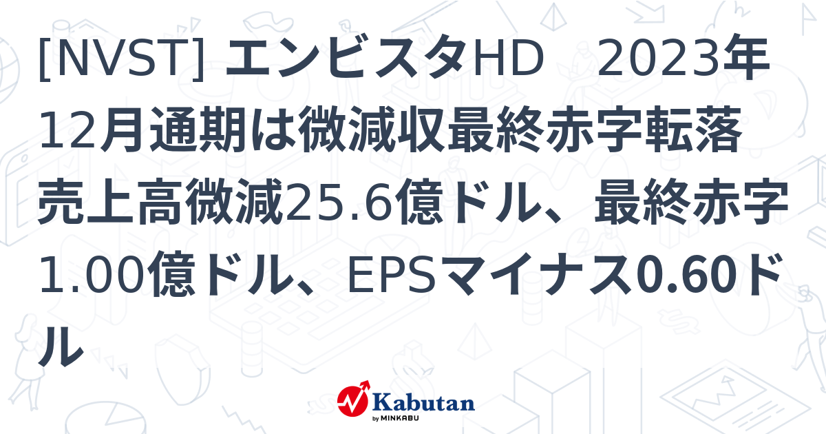 [NVST] エンビスタHD 2023年12月通期は微減収最終赤字転落 売上高微減25.6億ドル、最終赤字1.00億ドル、EPSマイナス0.60ドル - 株探(かぶたん)｜米国株
