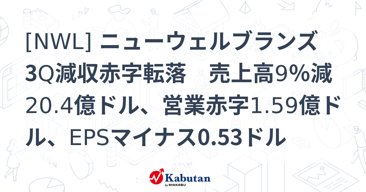 [NWL] ニューウェルブランズ 3Q減収赤字転落 売上高9％減20.4億ドル、営業赤字1.59億ドル、EPSマイナス0.53ドル - 株探 ...