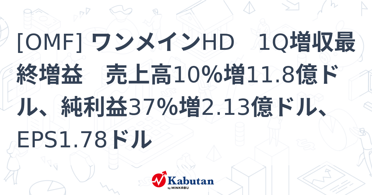 [OMF] ワンメインHD 1Q増収最終増益 売上高10％増11.8億ドル、純利益37％増2.13億ドル、EPS1.78ドル - 株探(かぶたん)｜米国株