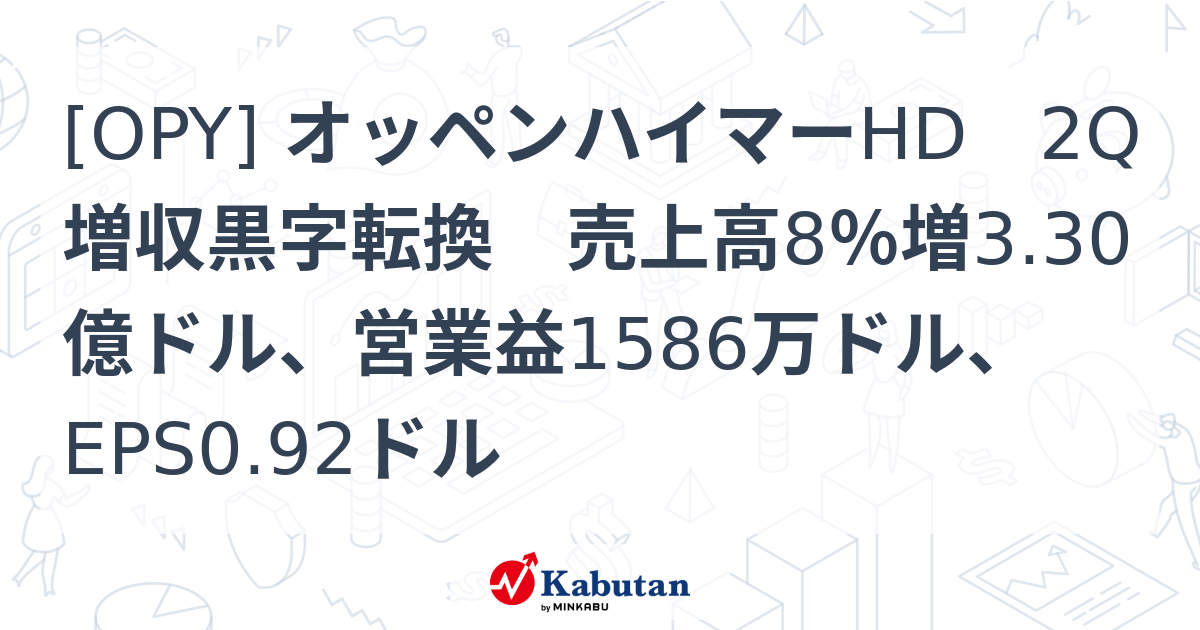 [OPY] オッペンハイマーHD 2Q増収黒字転換 売上高8％増3.30億ドル、営業益1586万ドル、EPS0.92ドル - 株探(かぶたん)｜米国株
