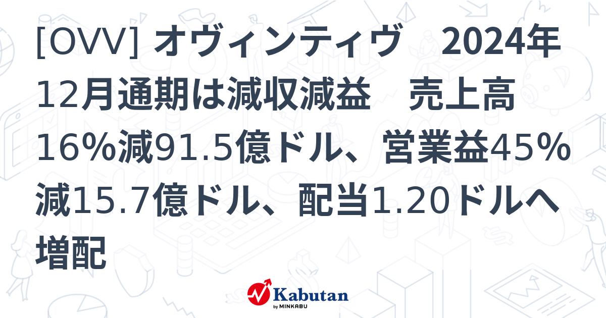 [OVV] オヴィンティヴ 2024年12月通期は減収減益 売上高16％減91.5億ドル、営業益45％減15.7億ドル、配当1.20ドルへ増配 ...