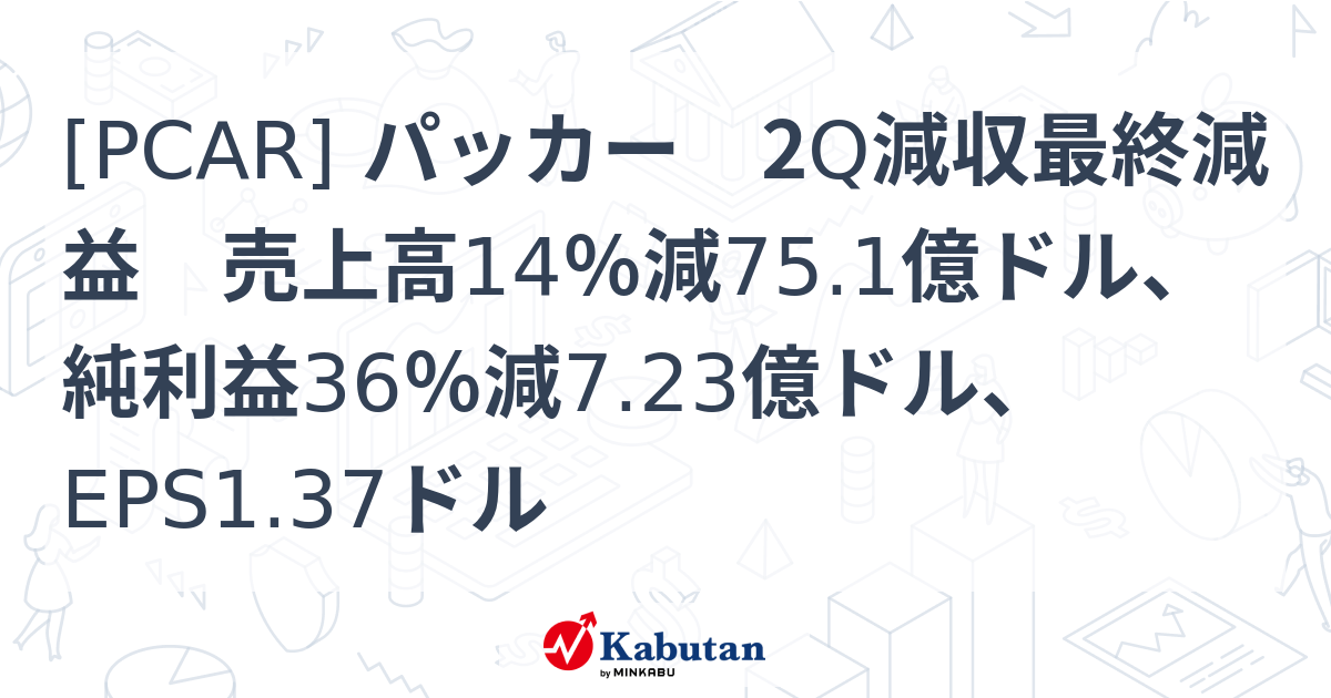 [PCAR] パッカー 2Q減収最終減益 売上高14％減75.1億ドル、純利益36％減7.23億ドル、EPS1.37ドル - 株探(かぶたん)｜米国株