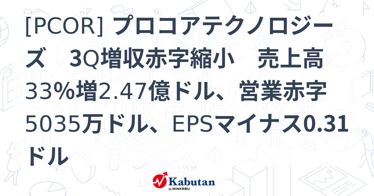 [PCOR] プロコアテクノロジーズ 3Q増収赤字縮小 売上高33％増2.47億ドル、営業赤字5035万ドル、EPSマイナス0.31ドル ...
