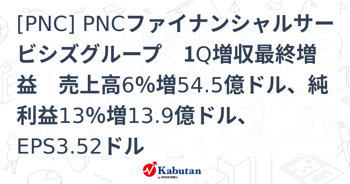 [PNC] PNCファイナンシャルサービシズグループ 1Q増収最終増益 売上高6％増54.5億ドル、純利益13％増13.9億ドル、EPS3.52ドル | 個別株 - 株探ニュース