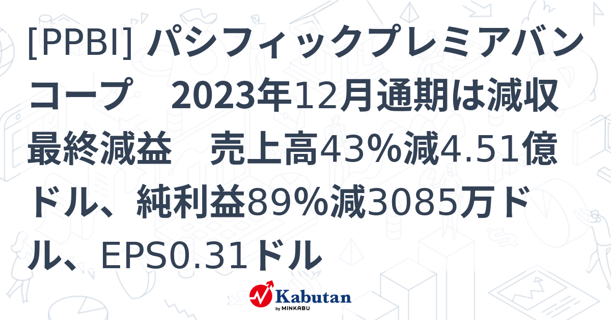 [PPBI] パシフィックプレミアバンコープ 2023年12月通期は減収最終減益 売上高43％減4.51億ドル、純利益89％減3085万ドル ...