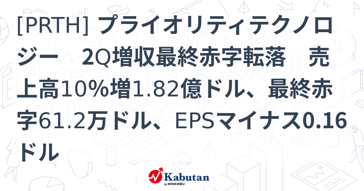 [PRTH] プライオリティテクノロジー 2Q増収最終赤字転落 売上高10％増1.82億ドル、最終赤字61.2万ドル、EPSマイナス0.16 ...