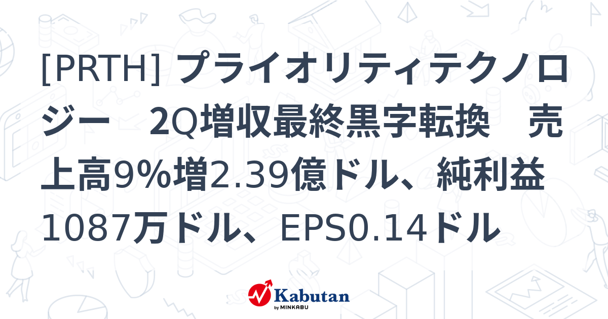 [PRTH] プライオリティテクノロジー 2Q増収最終黒字転換 売上高9％増2.39億ドル、純利益1087万ドル、EPS0.14ドル - 株探 ...