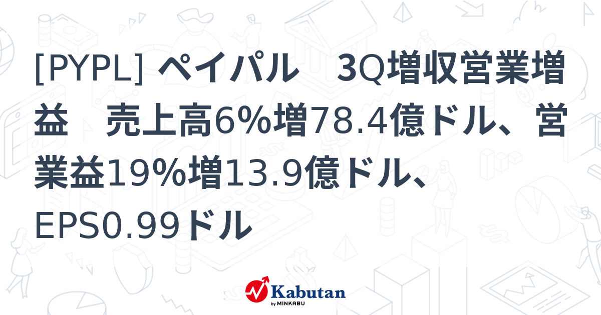 [PYPL] ペイパル 3Q増収営業増益 売上高6％増78.4億ドル、営業益19％増13.9億ドル、EPS0.99ドル | 個別株 - 株探ニュース