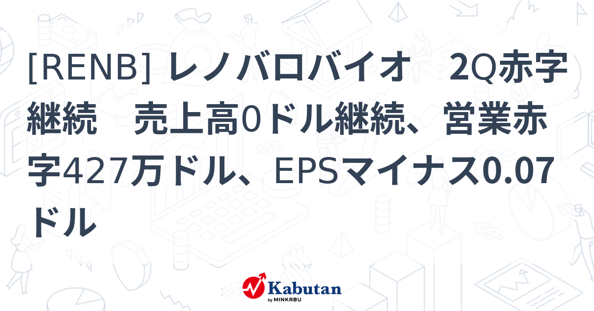 [RENB] レノバロバイオ 2Q赤字継続 売上高0ドル継続、営業赤字427万ドル、EPSマイナス0.07ドル - 株探(かぶたん)｜米国株