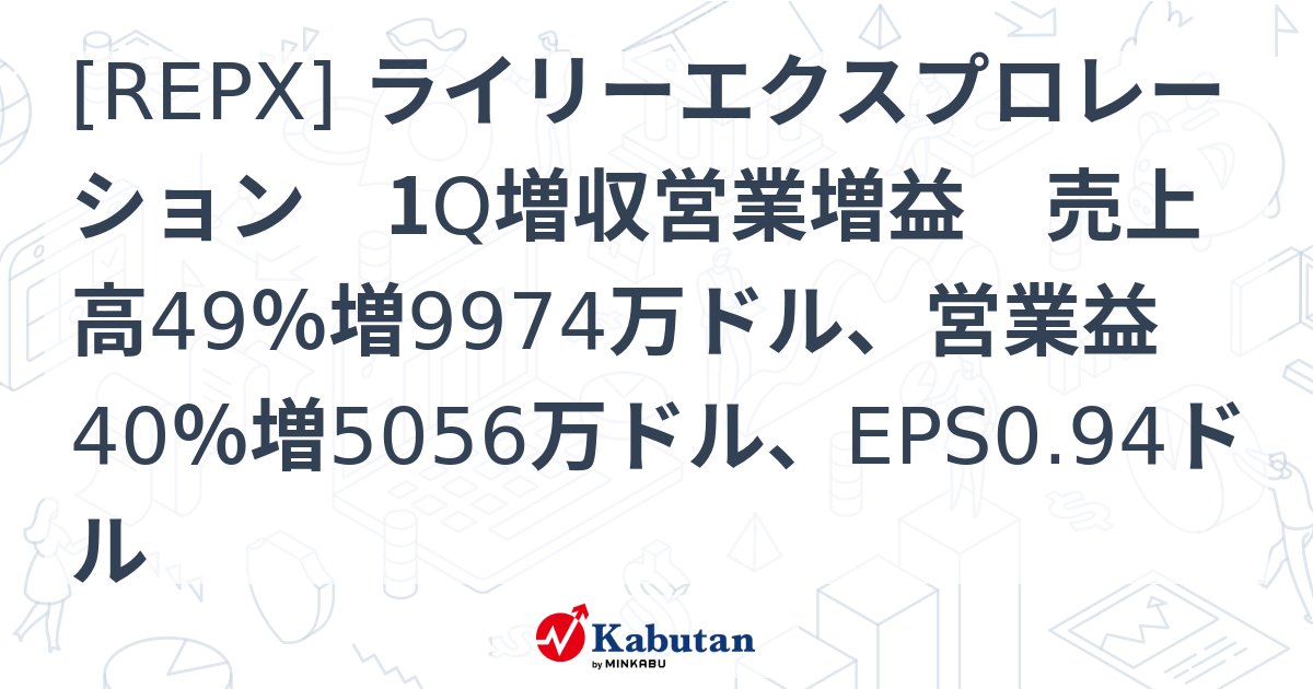 [REPX] ライリーエクスプロレーション 1Q増収営業増益 売上高49％増9974万ドル、営業益40％増5056万ドル、EPS0.94ドル ...