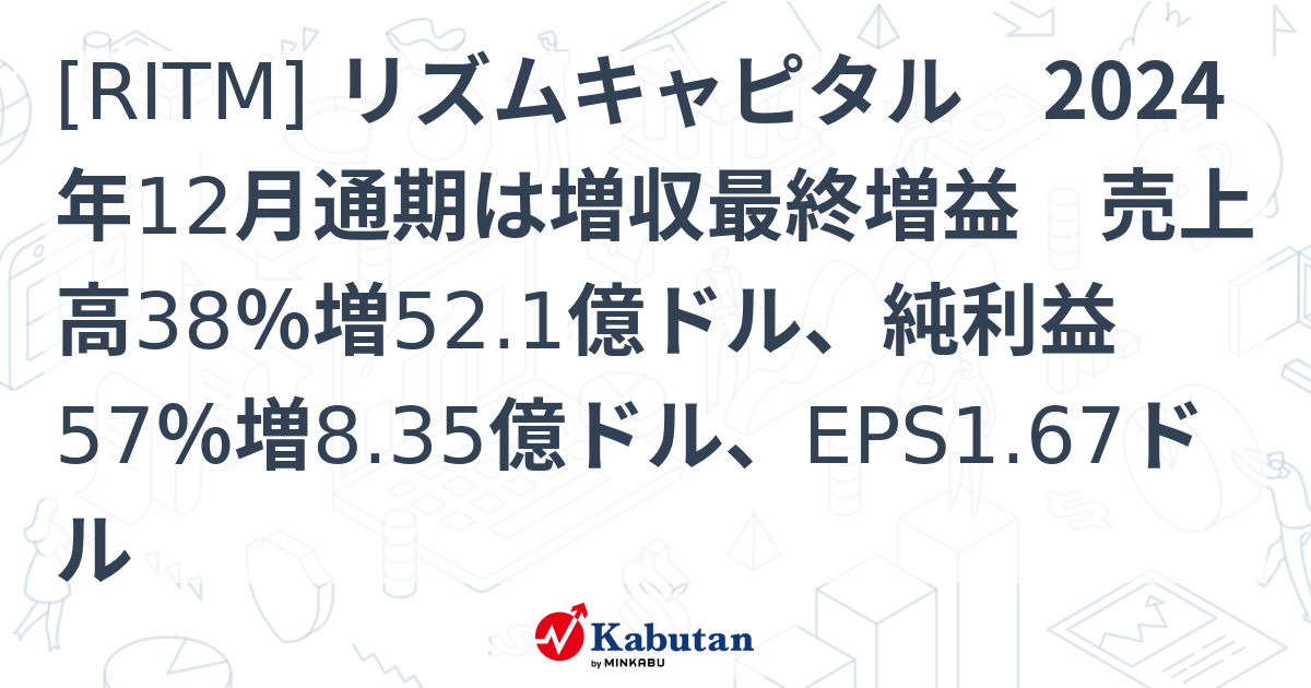[RITM] リズムキャピタル 2024年12月通期は増収最終増益 売上高38％増52.1億ドル、純利益57％増8.35億ドル、EPS1.67 ...
