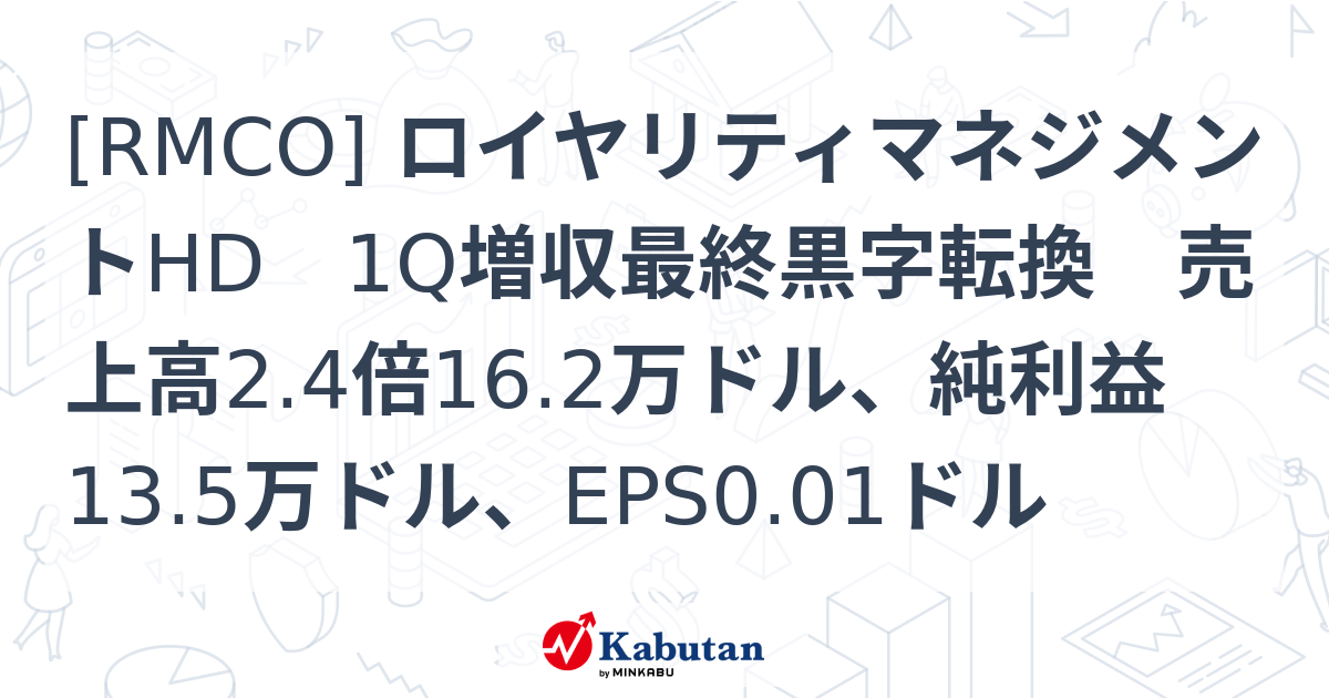 [RMCO] ロイヤリティマネジメントHD 1Q増収最終黒字転換 売上高2.4倍16.2万ドル、純利益13.5万ドル、EPS0.01ドル - 株探(かぶたん)｜米国株