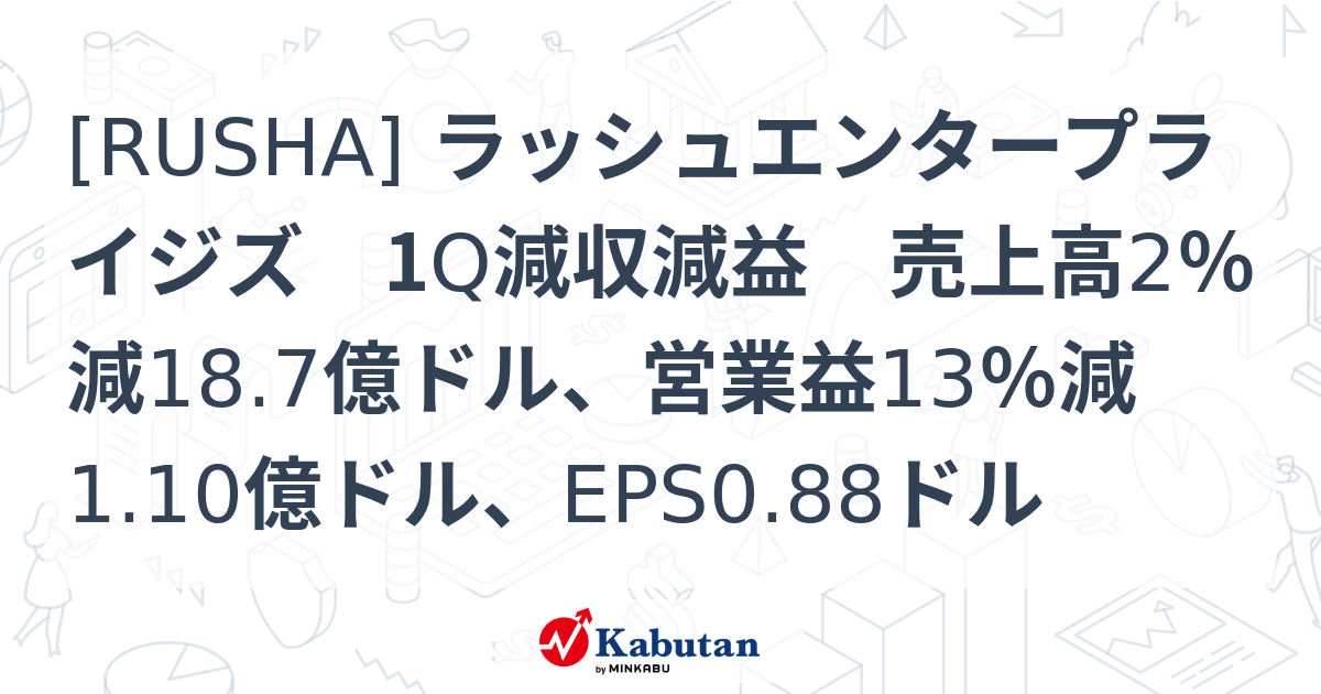 [RUSHA] ラッシュエンタープライジズ 1Q減収減益 売上高2％減18.7億ドル、営業益13％減1.10億ドル、EPS0.88ドル - 株探(かぶたん)｜米国株