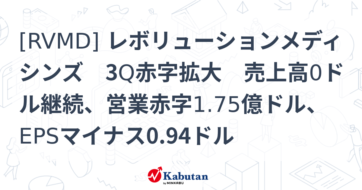 [RVMD] レボリューションメディシンズ 3Q赤字拡大 売上高0ドル継続、営業赤字1.75億ドル、EPSマイナス0.94ドル - 株探 ...