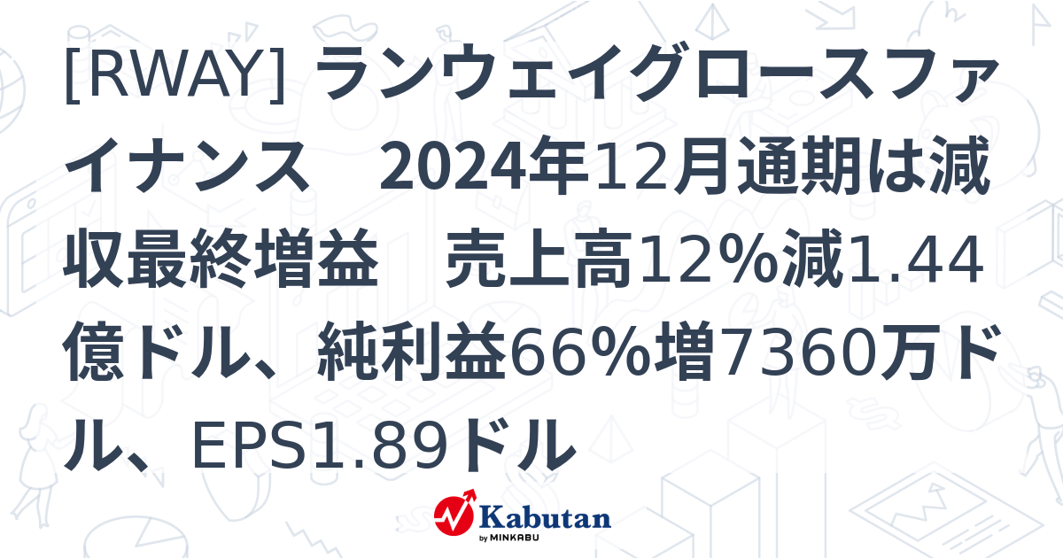 [RWAY] ランウェイグロースファイナンス 2024年12月通期は減収最終増益 売上高12％減1.44億ドル、純利益66％増7360万ドル ...