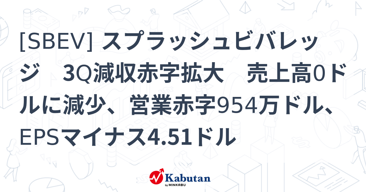 [SBEV] スプラッシュビバレッジ 3Q減収赤字拡大 売上高0ドルに減少、営業赤字954万ドル、EPSマイナス4.51ドル - 株探 ...