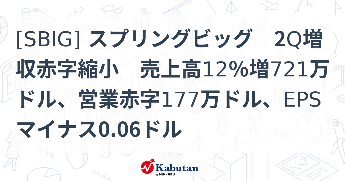 [SBIG] スプリングビッグ 2Q増収赤字縮小 売上高12％増721万ドル、営業赤字177万ドル、EPSマイナス0.06ドル - 株探 ...