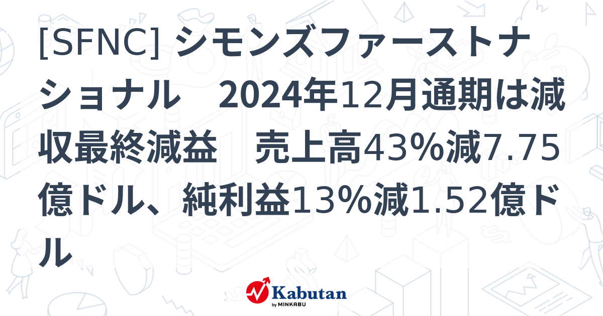 [SFNC] シモンズファーストナショナル 2024年12月通期は減収最終減益 売上高43％減7.75億ドル、純利益13％減1.52億ドル ...