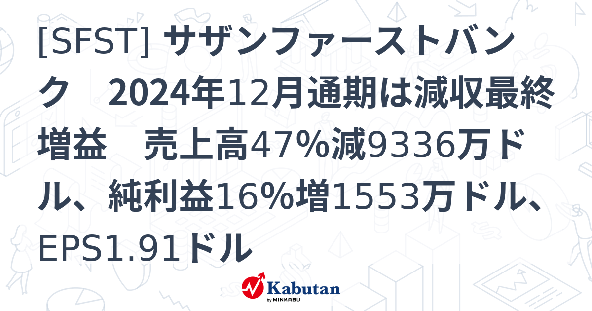 [SFST] サザンファーストバンク 2024年12月通期は減収最終増益 売上高47％減9336万ドル、純利益16％増1553万ドル、EPS1 ...