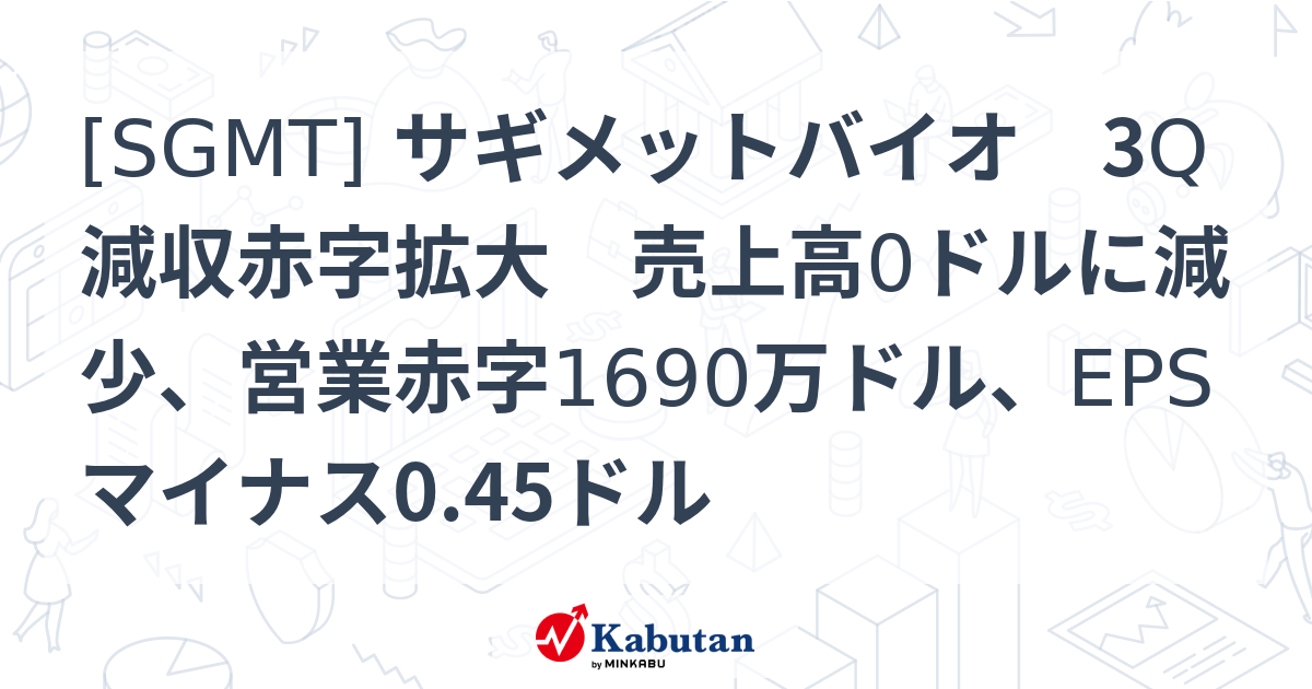 [SGMT] サギメットバイオ 3Q減収赤字拡大 売上高0ドルに減少、営業赤字1690万ドル、EPSマイナス0.45ドル - 株探(かぶたん)｜米国株