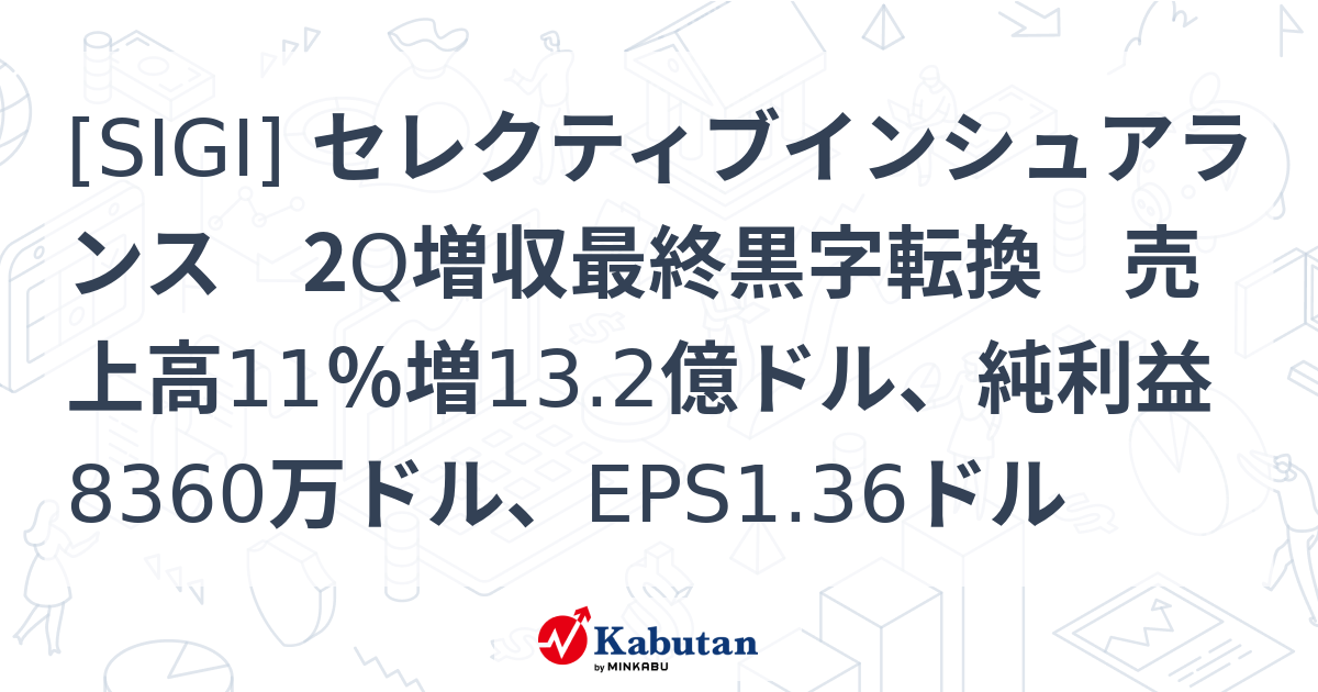 [SIGI] セレクティブインシュアランス 2Q増収最終黒字転換 売上高11％増13.2億ドル、純利益8360万ドル、EPS1.36ドル - 株探(かぶたん)｜米国株