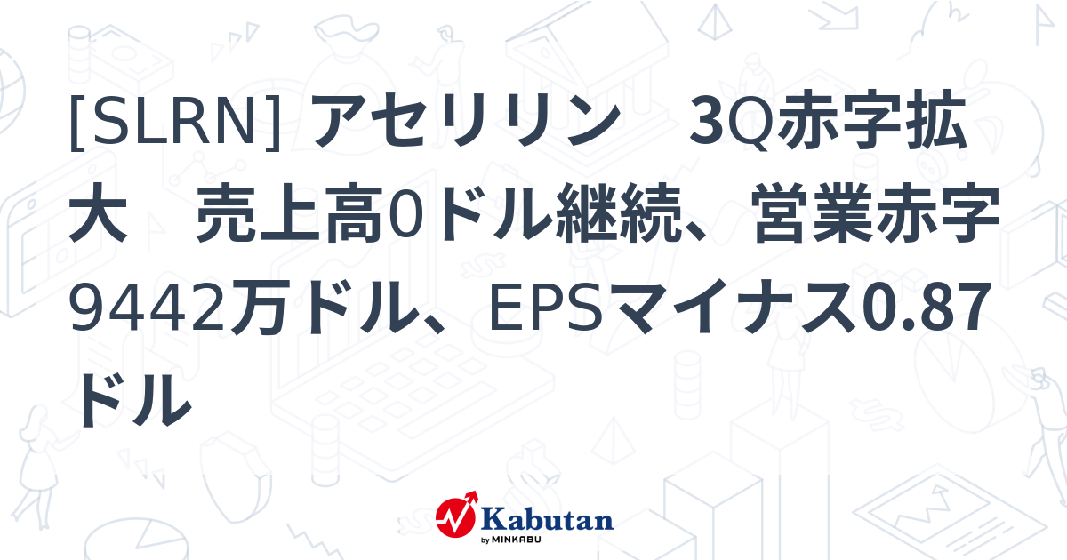 [SLRN] アセリリン 3Q赤字拡大 売上高0ドル継続、営業赤字9442万ドル、EPSマイナス0.87ドル - 株探(かぶたん)｜米国株