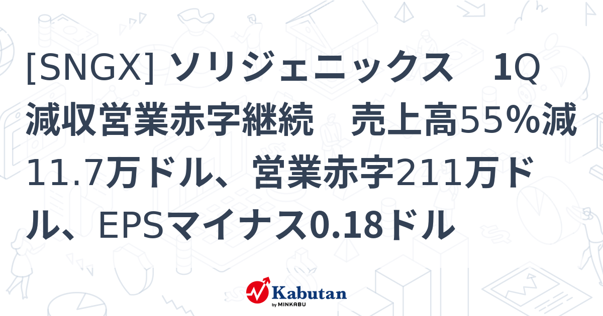 [SNGX] ソリジェニックス 1Q減収営業赤字継続 売上高55％減11.7万ドル、営業赤字211万ドル、EPSマイナス0.18ドル - 株探 ...