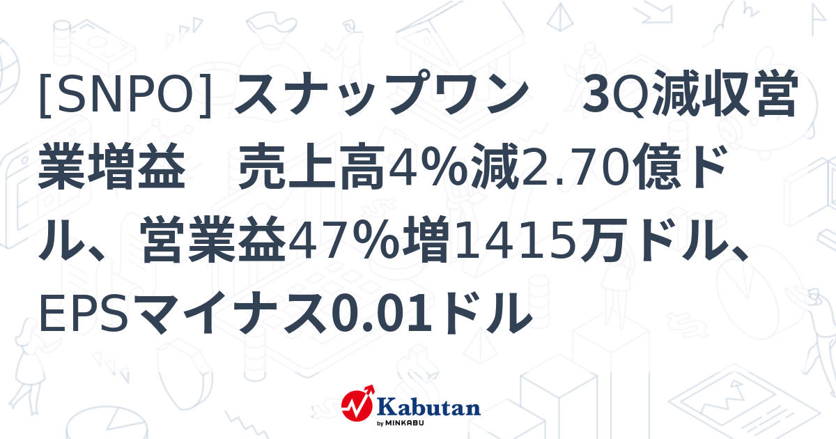 [SNPO] スナップワン 3Q減収営業増益 売上高4％減2.70億ドル、営業益47％増1415万ドル、EPSマイナス0.01ドル - 株探 ...