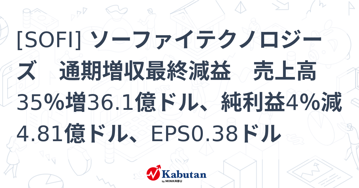[SOFI] ソーファイテクノロジーズ 通期増収最終減益 売上高35％増36.1億ドル、純利益4％減4.81億ドル、EPS0.38ドル ...