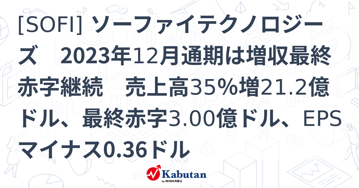 [SOFI] ソーファイテクノロジーズ 2023年12月通期は増収最終赤字継続 売上高35％増21.2億ドル、最終赤字3.00億ドル、EPSマイナス0.36ドル - 株探(かぶたん)｜米国株