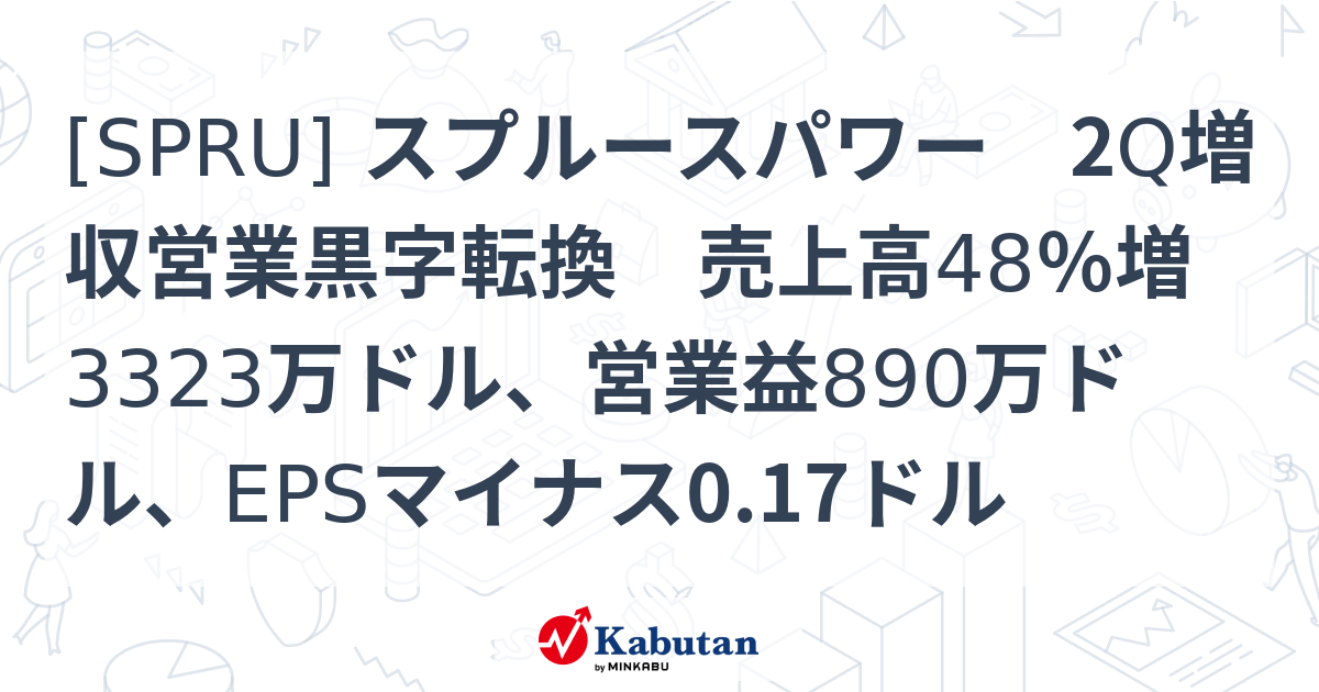 [SPRU] スプルースパワー 2Q増収営業黒字転換 売上高48％増3323万ドル、営業益890万ドル、EPSマイナス0.17ドル - 株探 ...
