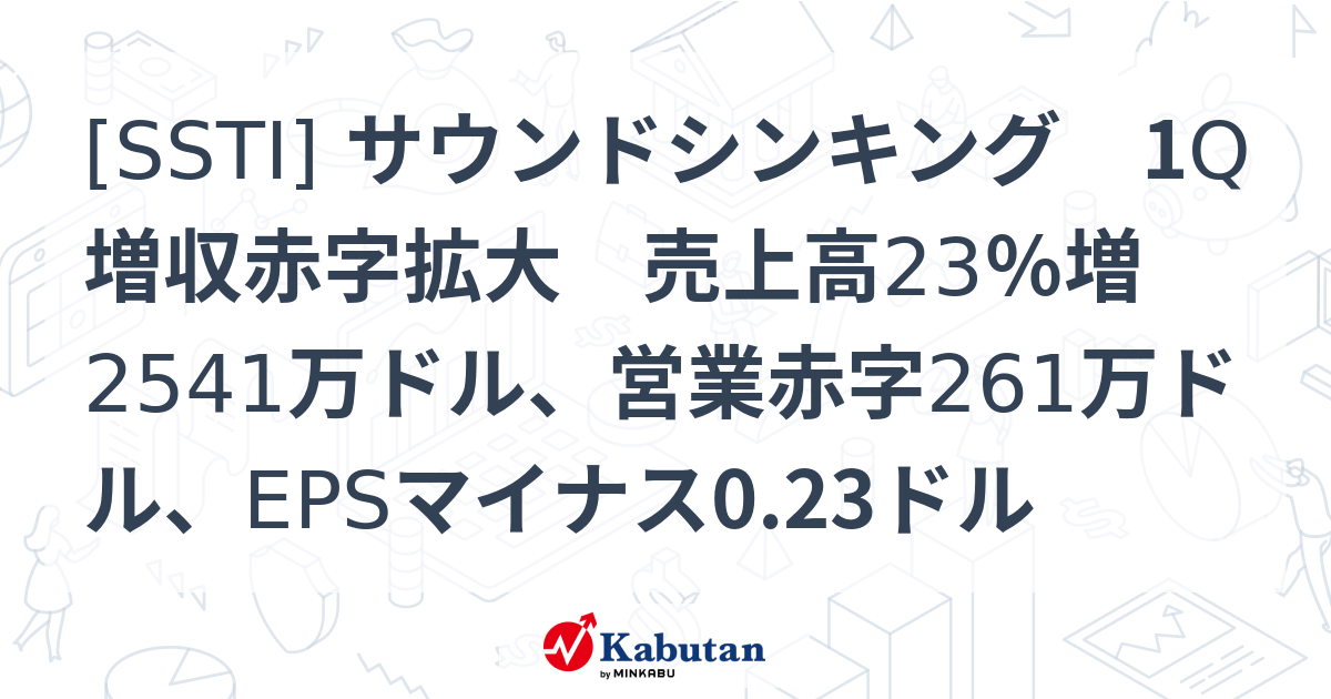 [SSTI] サウンドシンキング 1Q増収赤字拡大 売上高23％増2541万ドル、営業赤字261万ドル、EPSマイナス0.23ドル - 株探 ...