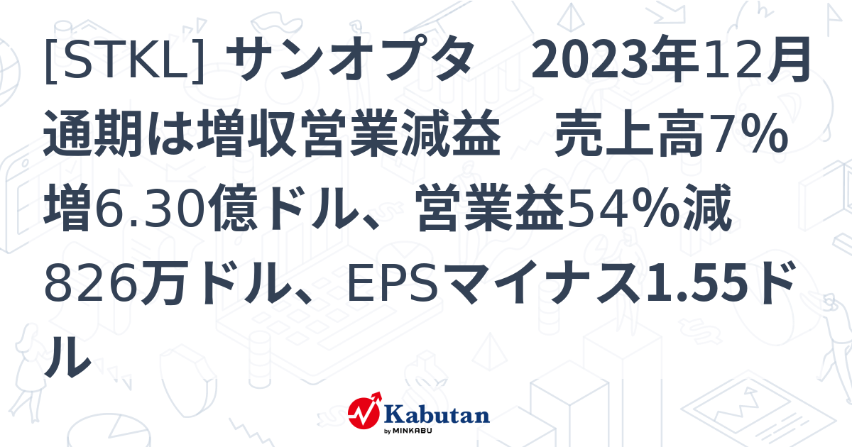 [STKL] サンオプタ 2023年12月通期は増収営業減益 売上高7％増6.30億ドル、営業益54％減826万ドル、EPSマイナス1.55 ...