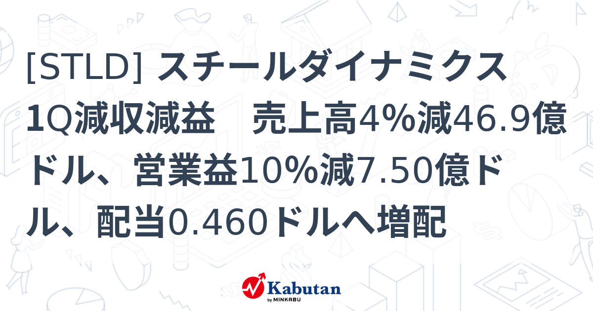 [STLD] スチールダイナミクス 1Q減収減益 売上高4％減46.9億ドル、営業益10％減7.50億ドル、配当0.460ドルへ増配 - 株探 ...