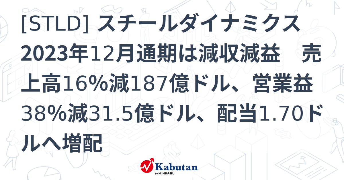 [STLD] スチールダイナミクス 2023年12月通期は減収減益 売上高16％減187億ドル、営業益38％減31.5億ドル、配当1.70ドル ...
