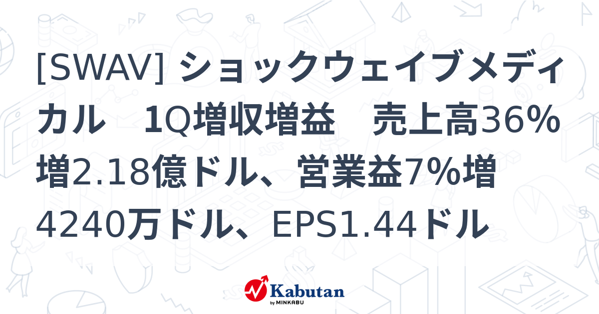 [SWAV] ショックウェイブメディカル 1Q増収増益 売上高36％増2.18億ドル、営業益7％増4240万ドル、EPS1.44ドル - 株探 ...