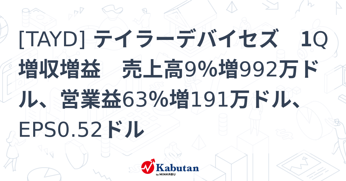 [TAYD] テイラーデバイセズ 1Q増収増益 売上高9％増992万ドル、営業益63％増191万ドル、EPS0.52ドル - 株探(かぶたん)｜米国株