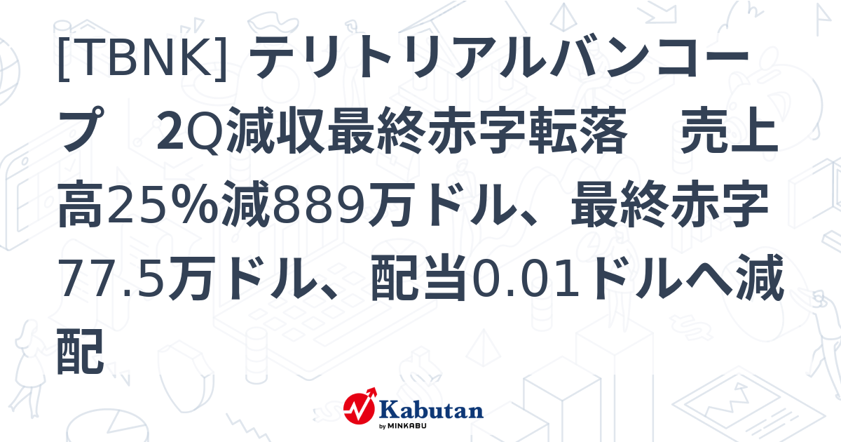 [TBNK] テリトリアルバンコープ 2Q減収最終赤字転落 売上高25％減889万ドル、最終赤字77.5万ドル、配当0.01ドルへ減配 ...