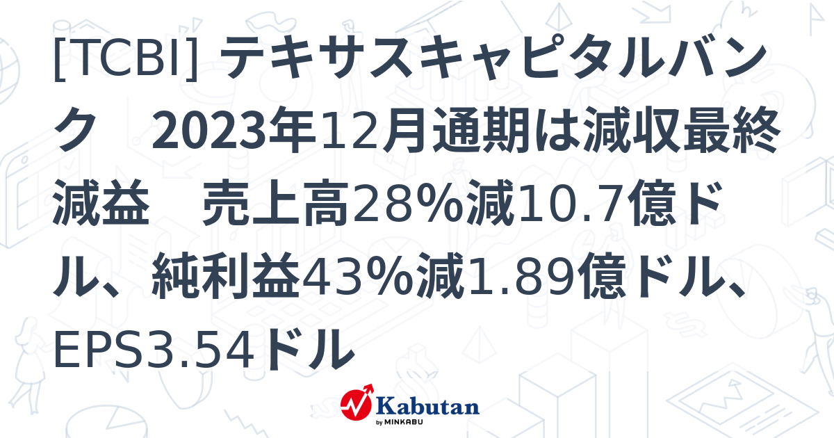[TCBI] テキサスキャピタルバンク 2023年12月通期は減収最終減益 売上高28％減10.7億ドル、純利益43％減1.89億ドル、EPS3.54ドル - 株探(かぶたん)｜米国株
