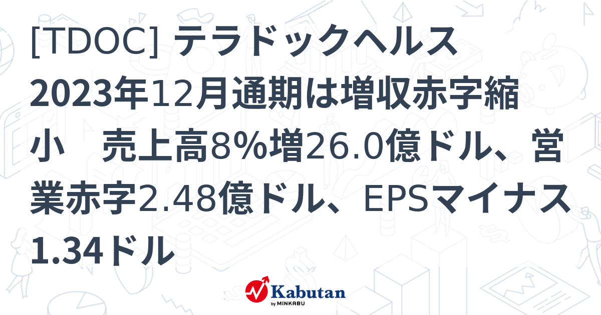 [TDOC] テラドックヘルス 2023年12月通期は増収赤字縮小 売上高8％増26.0億ドル、営業赤字2.48億ドル、EPSマイナス1.34 ...
