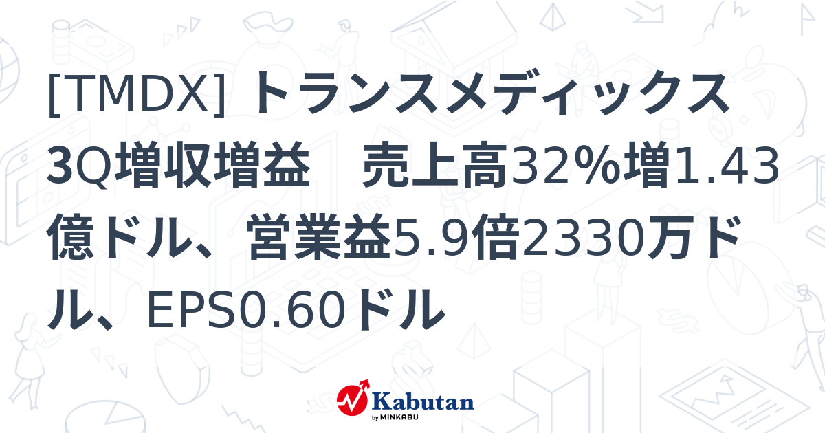 [TMDX] トランスメディックス 3Q増収増益 売上高32％増1.43億ドル、営業益5.9倍2330万ドル、EPS0.60ドル - 株探 ...