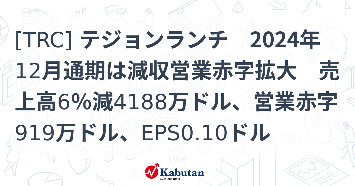 [TRC] テジョンランチ 2024年12月通期は減収営業赤字拡大 売上高6％減4188万ドル、営業赤字919万ドル、EPS0.10ドル - 株探(かぶたん)｜米国株