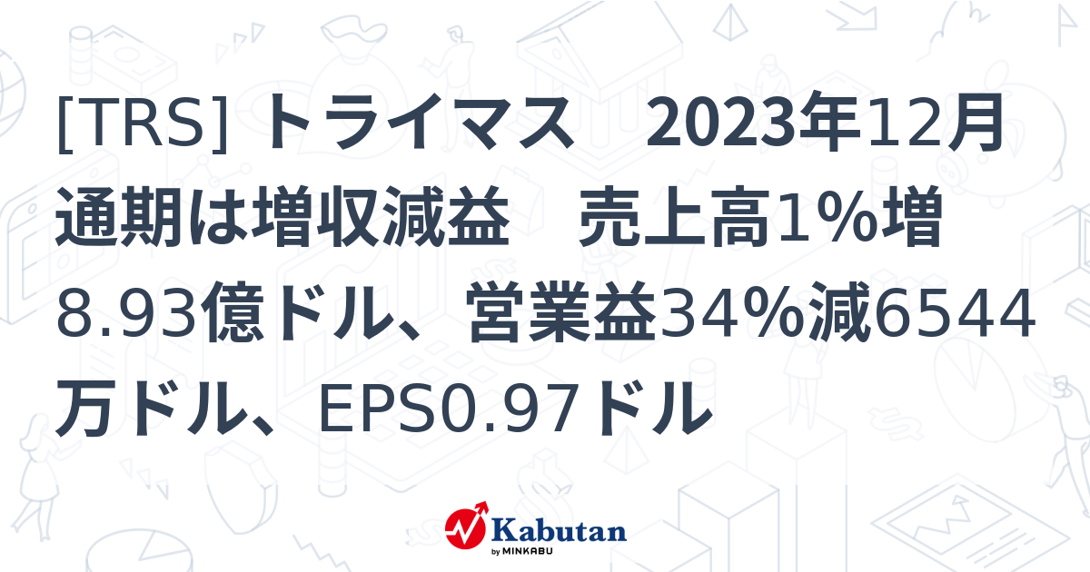 [TRS] トライマス 2023年12月通期は増収減益 売上高1％増8.93億ドル、営業益34％減6544万ドル、EPS0.97ドル - 株探(かぶたん)｜米国株