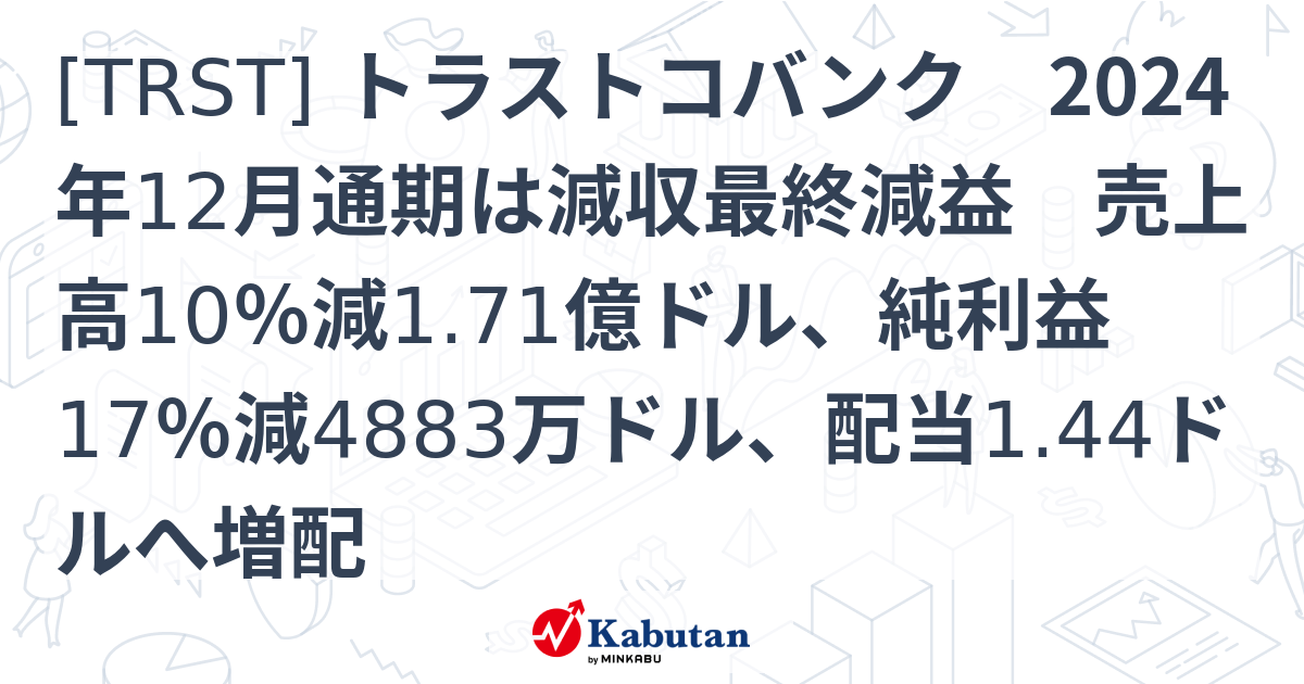 [TRST] トラストコバンク 2024年12月通期は減収最終減益 売上高10％減1.71億ドル、純利益17％減4883万ドル、配当1.44 ...