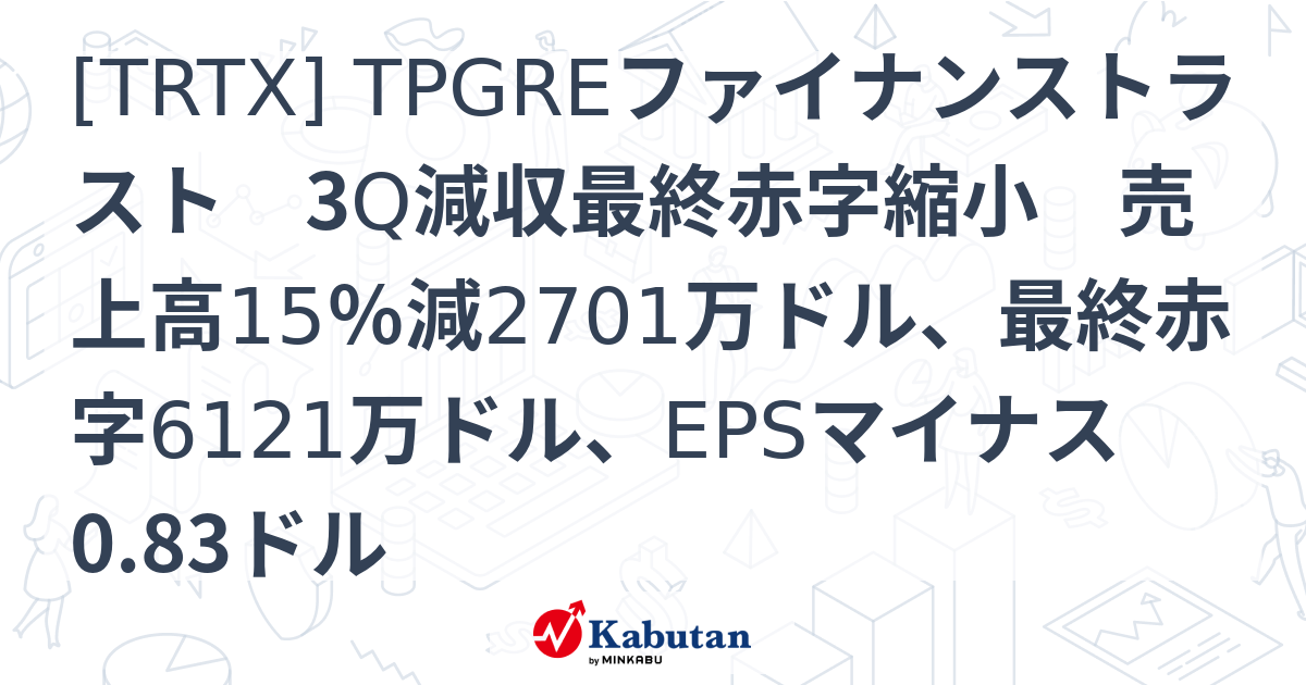 [TRTX] TPGREファイナンストラスト 3Q減収最終赤字縮小 売上高15％減2701万ドル、最終赤字6121万ドル、EPSマイナス0. ...